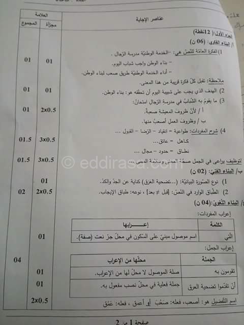 تصحيح شهادة التعليم المتوسط 2017 – اختبار اللغة العربية - موقع الدراسة الجزائري