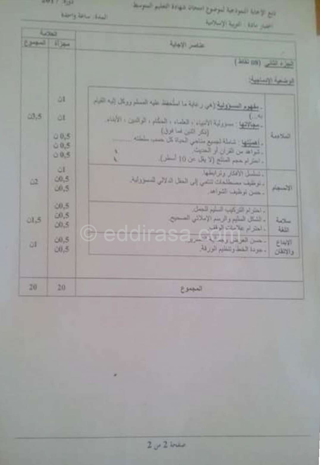 تصحيح شهادة التعليم المتوسط 2017 – اختبار التربية الإسلامية | موقع الدراسة الجزائري