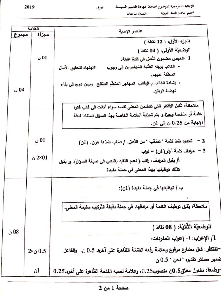تصحيح موضوع اللغة العربية شهادة التعليم المتوسط 2019 | موقع الدراسة ...