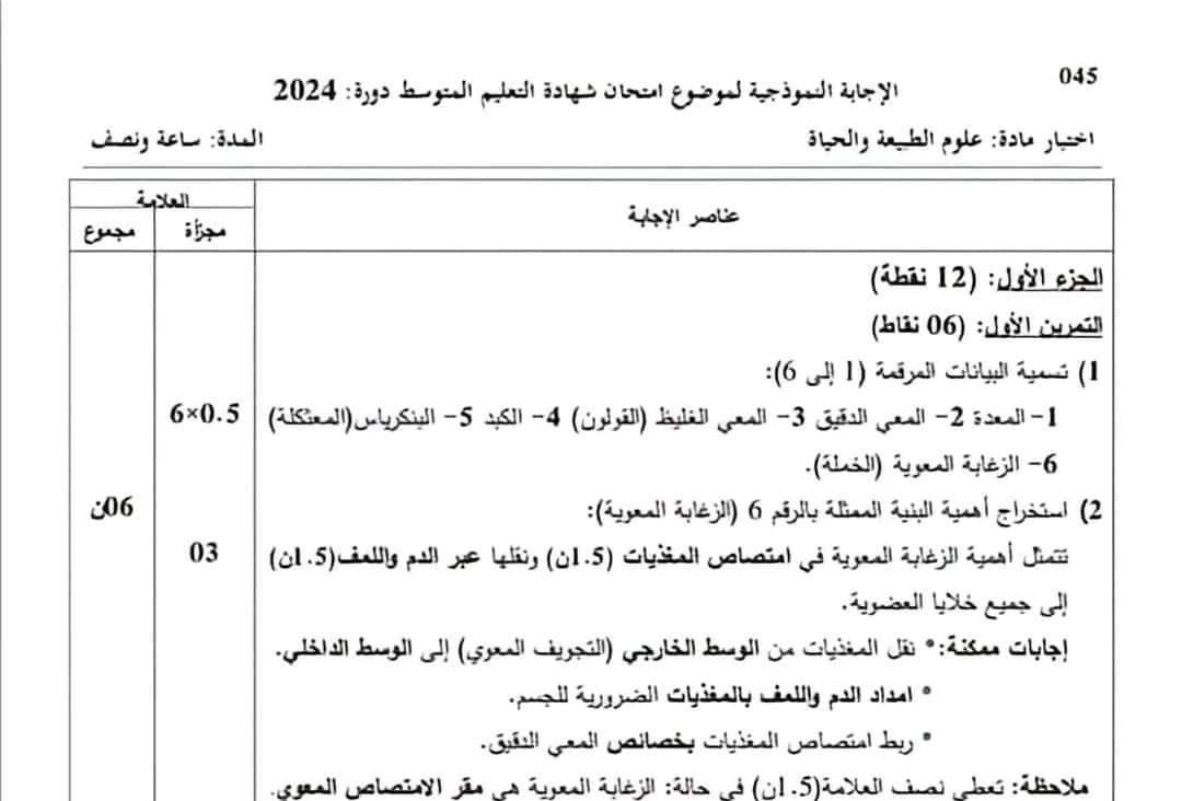 تصحيح موضوع العلوم الطبيعية شهادة التعليم المتوسط 2024 - موقع الدراسة الجزائري