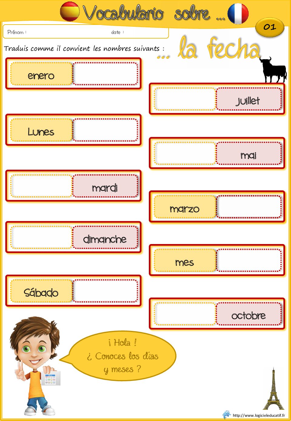 بطاقات لغة إسبانية Les jours de la semaine et les mois 01 - موقع ...