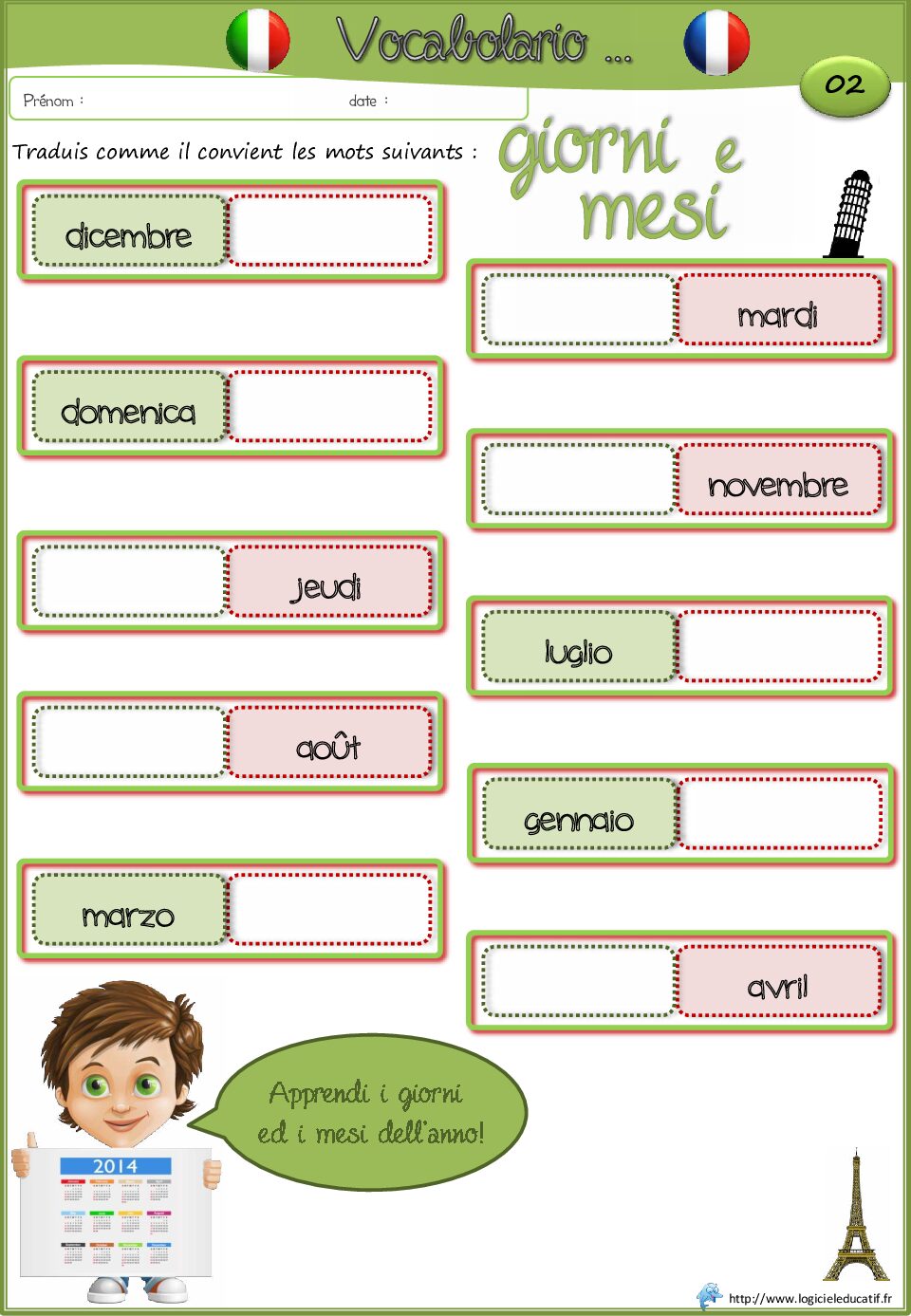 بطاقات لغة إيطالية Les jours de la semaine et les mois 02 - موقع ...